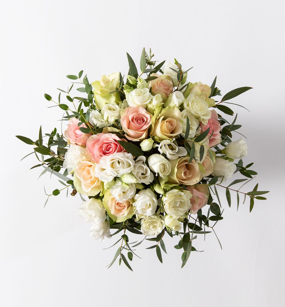 Bestill Liten brudebukett med rosa roser | Mester Grønn