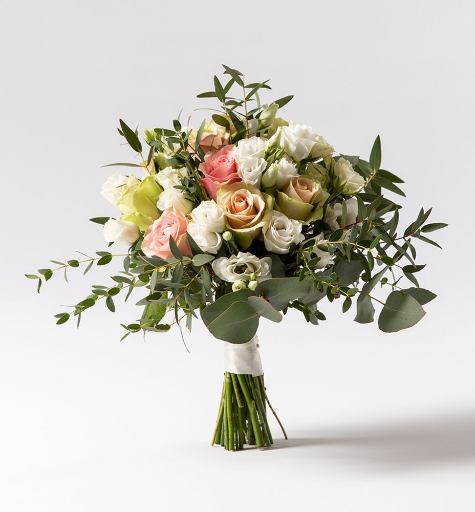 Bestill Liten brudebukett med rosa roser | Mester Grønn